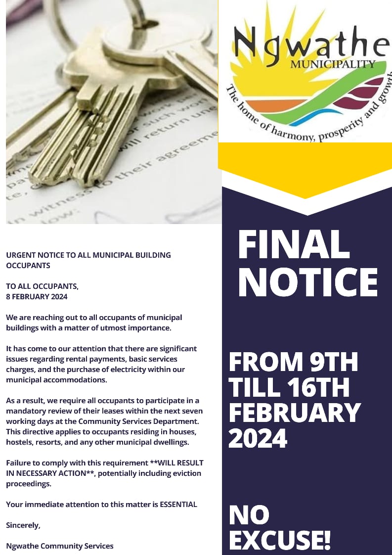 Notice to municipal building occupants | Ngwathe Local Municipality